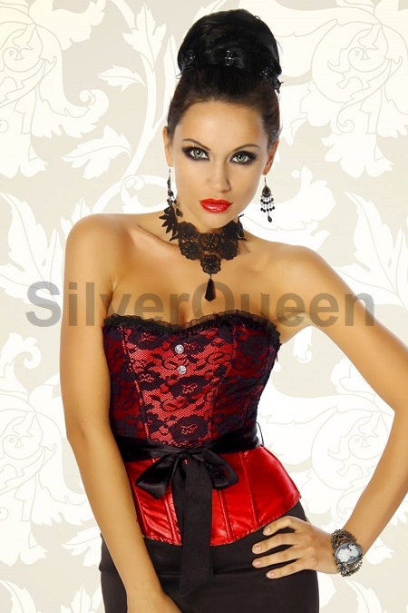 Rød satin corsage med blonde pynt. Elegante korsetter.