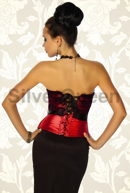 Rød satin corsage med blonde pynt. Elegante korsetter.