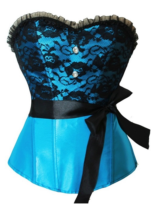 Blåt satin corsage med blonde pynt. Elegante korsetter.